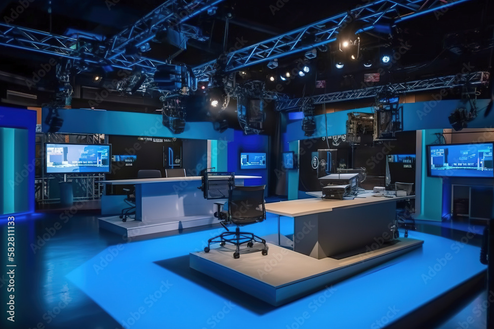 Tv studio set with cameras, desks and screens Stock Illustration ...