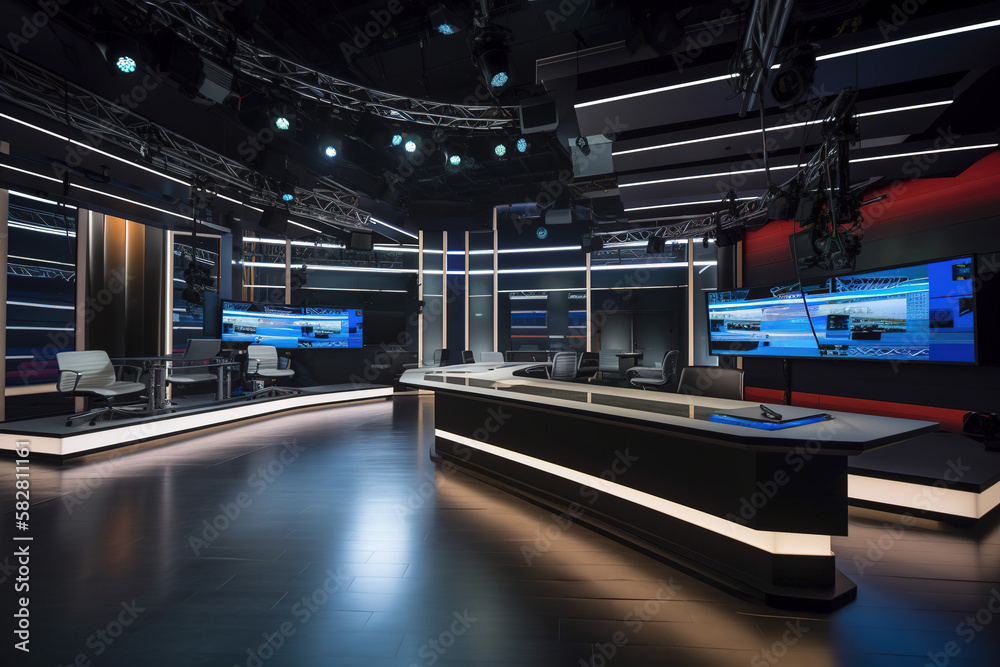 Tv studio set with cameras, desks and screens Stock Illustration ...