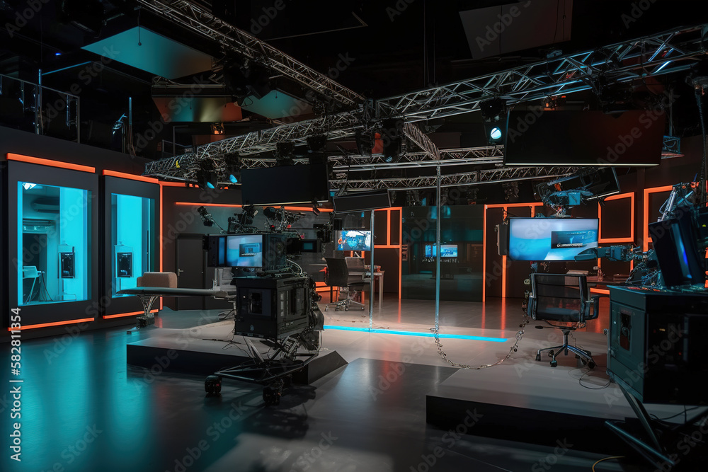 Tv studio set with cameras, desks and screens Stock Illustration ...
