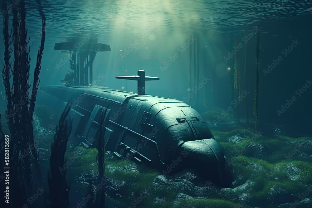 Military submarine in the sea. Floating vessel under water. Created ...
