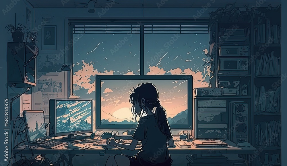 Create an impressive artwork of lofi, an anime girl programming at a ...