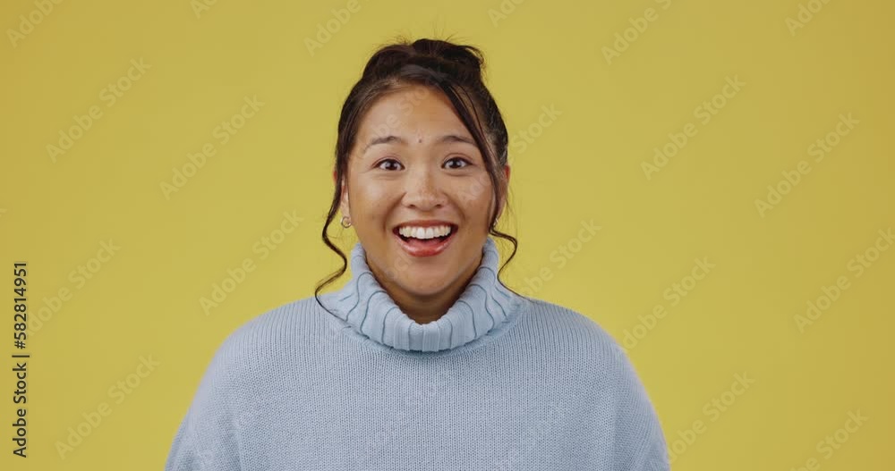 Asian woman, excited and disappointed face portrait in studio on a ...