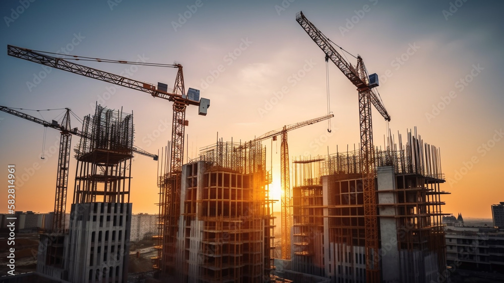Crane and building construction site on sunset daytime Stock ...