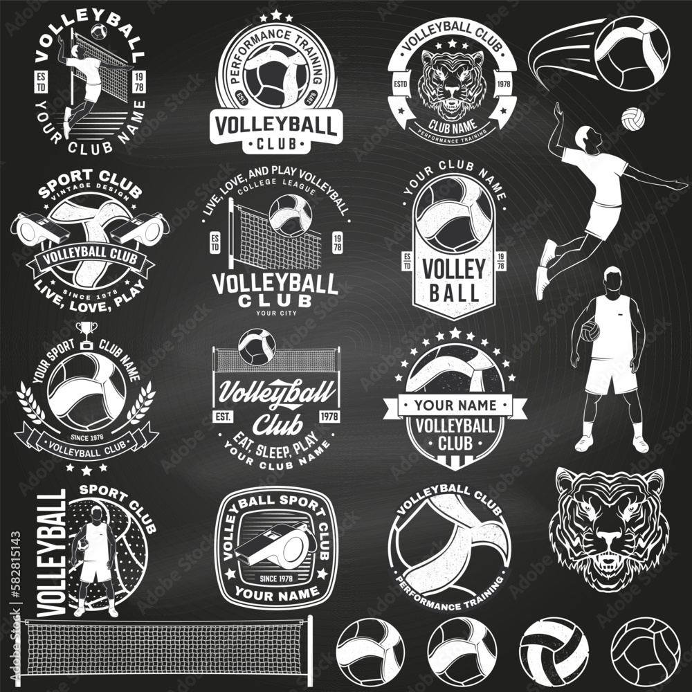 Set of Volleyball club badge, logo design on chalkboard. Vector . For ...
