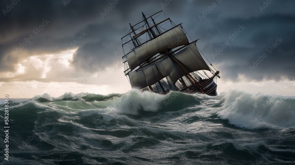 A ship tossed about by towering waves in the midst of a stormy sea ...