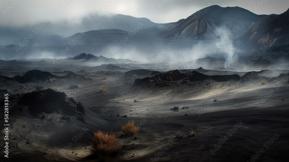 The surreal landscape of a blackened, desolate wasteland, created by a ...