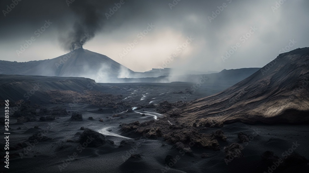 The surreal landscape of a blackened, desolate wasteland, created by a ...