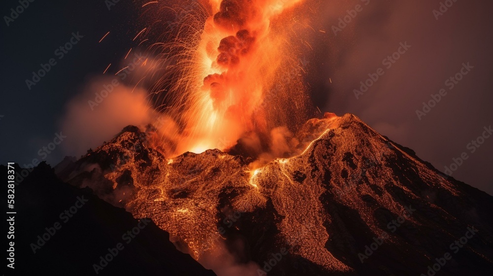 The violent explosion of the volcano, sending a shockwave of ash and ...