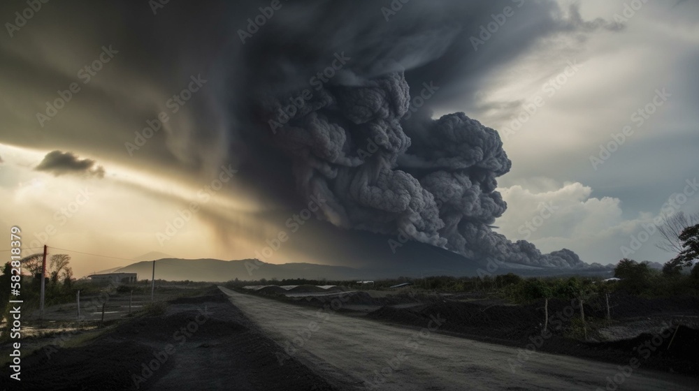 The menacing clouds of ash and smoke that fill the sky, obscuring the ...