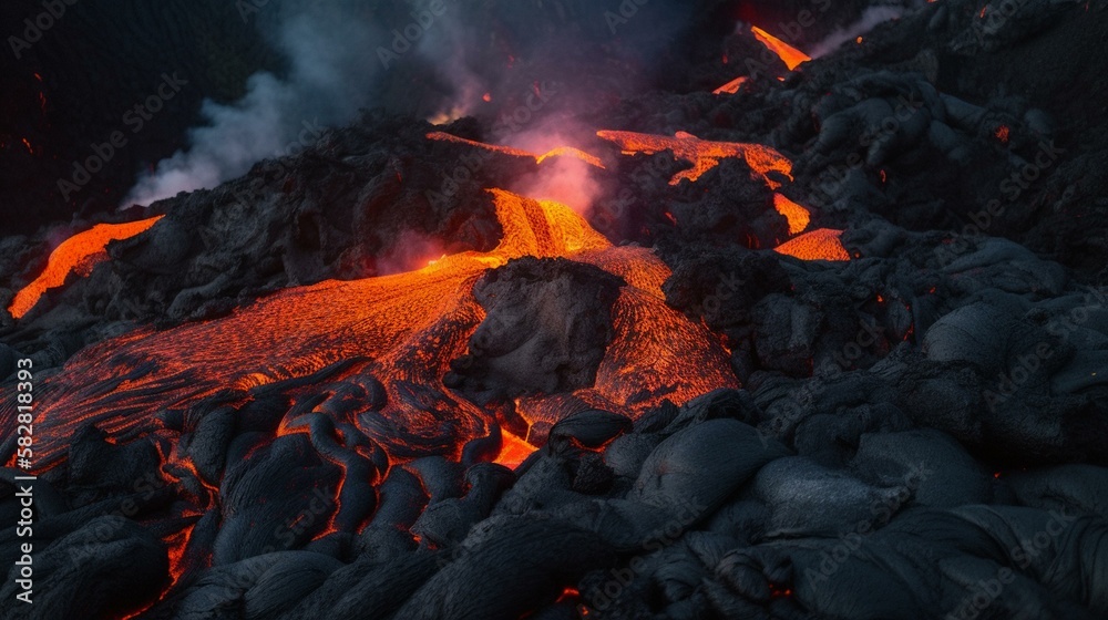 The fiery red glow of the molten lava, spilling out of the volcano's ...