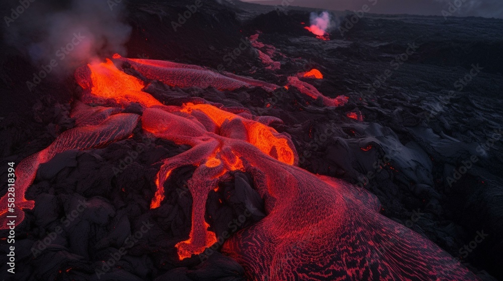 The fiery red glow of the molten lava, spilling out of the volcano's ...