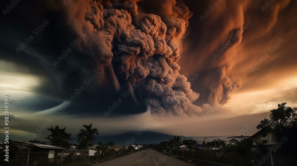 The menacing clouds of ash and smoke that fill the sky, obscuring the ...