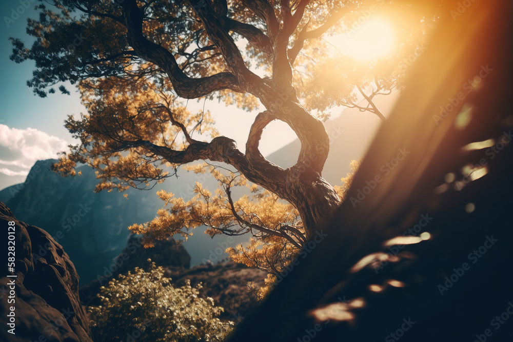 A close up a tree with the mountainous background, naturalism ...