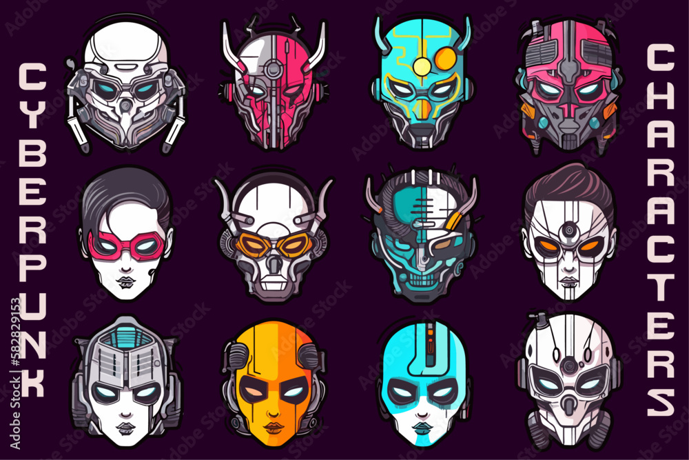 Big vector set of isolated cyberpunk characters. Techno futuristic ...