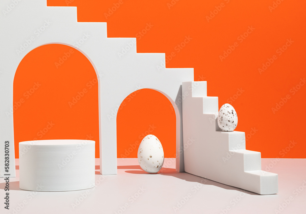 Podium, stand for product presentation and Easter eggs on orange ...