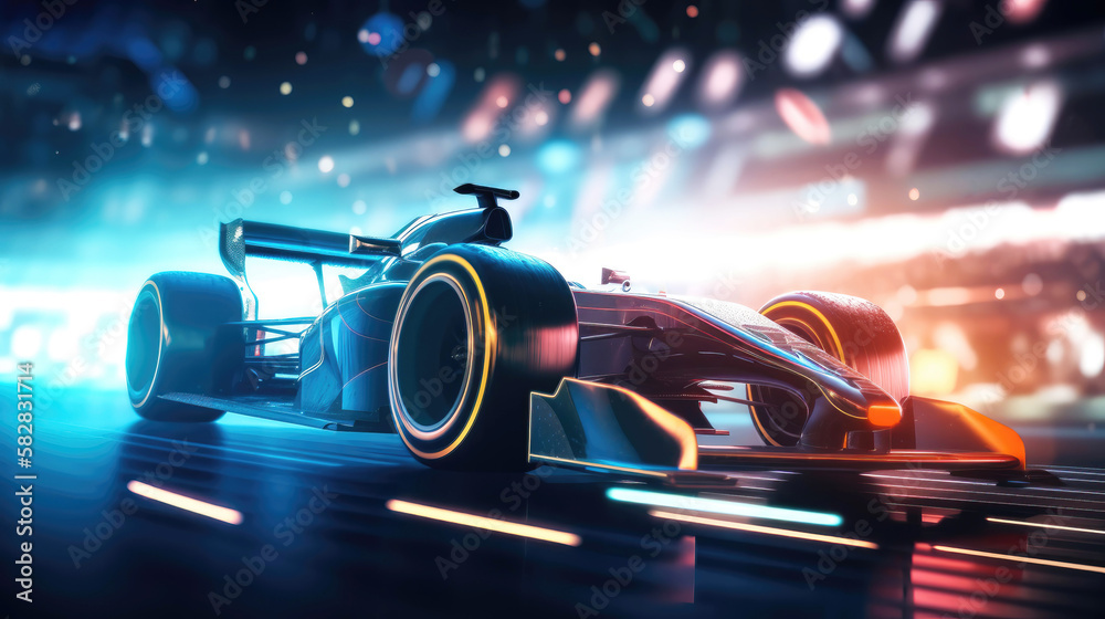 Racing car driving on race track at night as motorsport concept ...