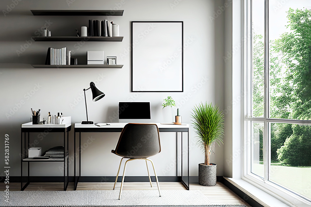 Bright minimalist study room as digital illustration with white empty ...