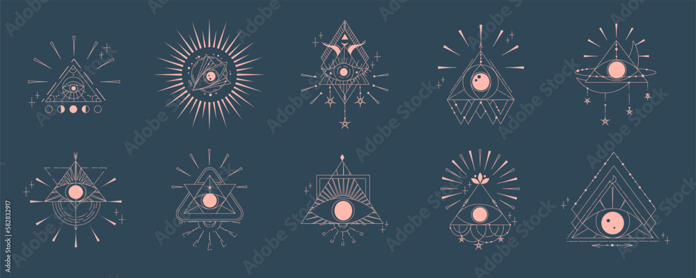 Esoteric pyramid set with eye isolated. Occult mystic triangle with sun ...