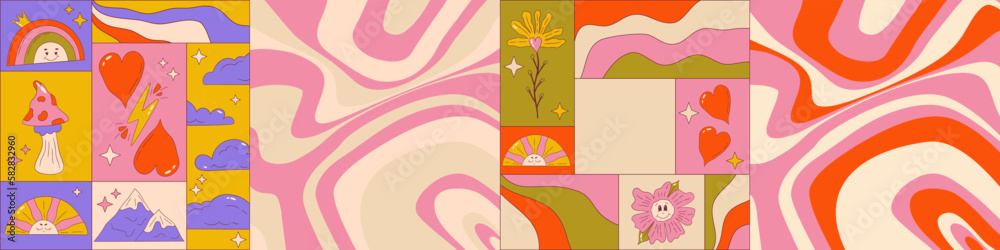 Trippy graphic poster set with retro groovy wave. Poster square with ...