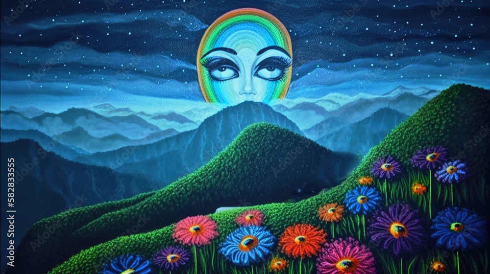 Illustration of a magical fantasy landscape with a moon depicted as a ...