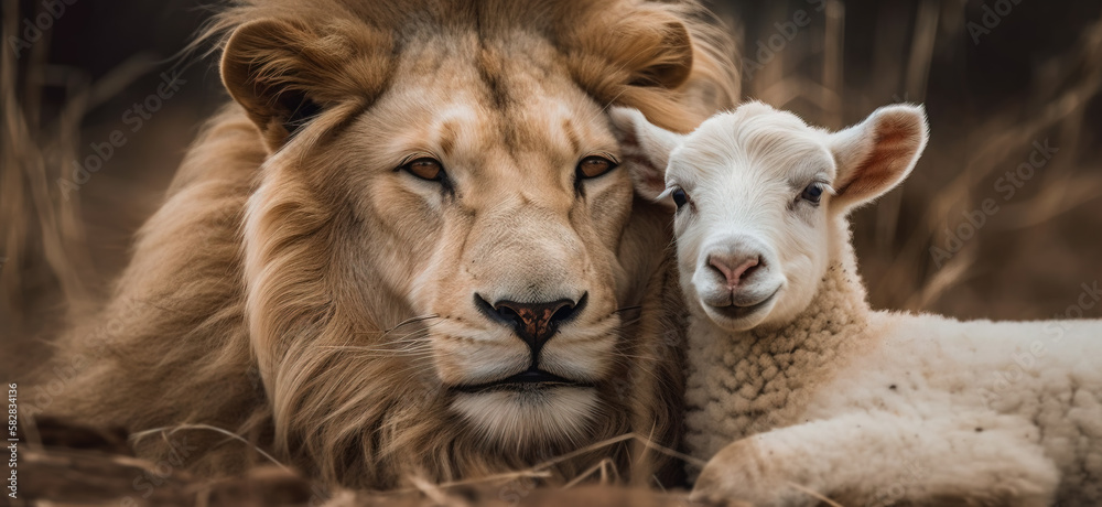 Lion and the lamb resting together, Biblical symbolism. Image created ...