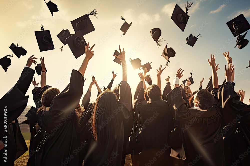 Group of university students in black gowns, throwing up their hats in ...