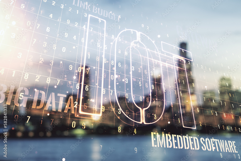 Abstract virtual IOT hologram on blurry office buildings background ...