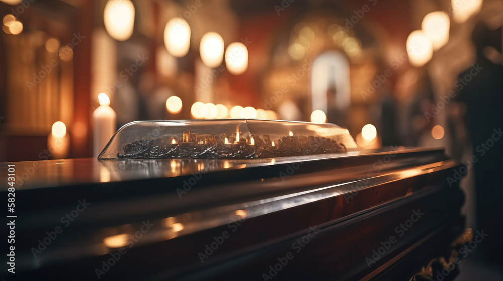 Funeral ceremony. Scene with a coffin in a church. generative AI Stock ...