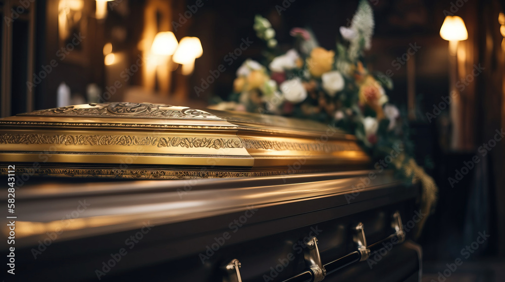Funeral ceremony. Scene with a coffin in a church. generative AI Stock ...