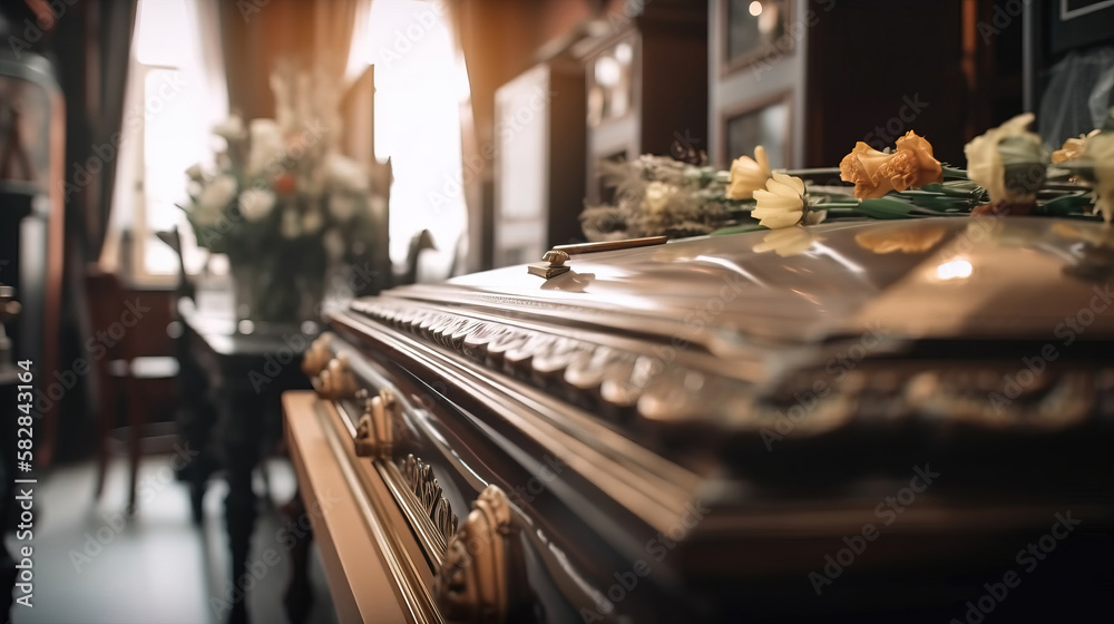 Funeral ceremony. Scene with a coffin in a church. generative AI Stock ...