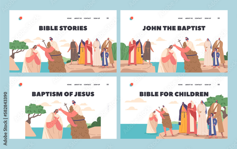 Bible Stories Landing Page Template Set. John Baptist Baptizing Jesus ...