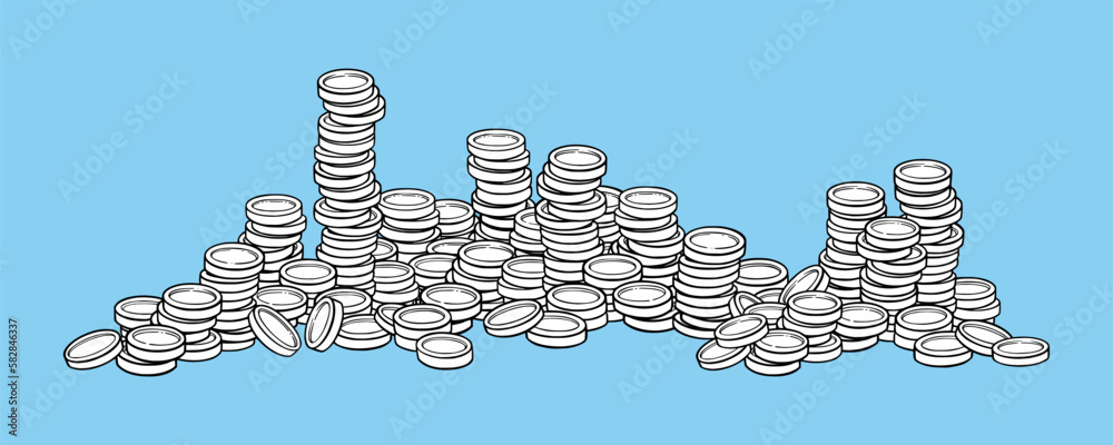 Coin pile with coin towers. Game gold or silver currency. Vector ...