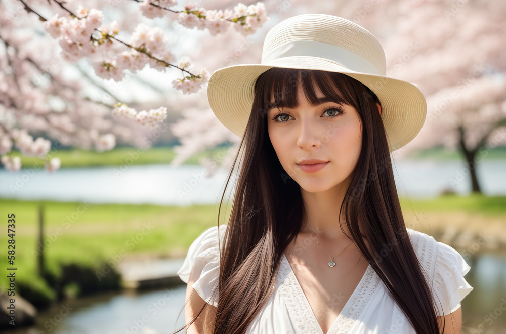 Beautiful cute girl with long hair in a white dress and hat in spring in a park with a lake ...