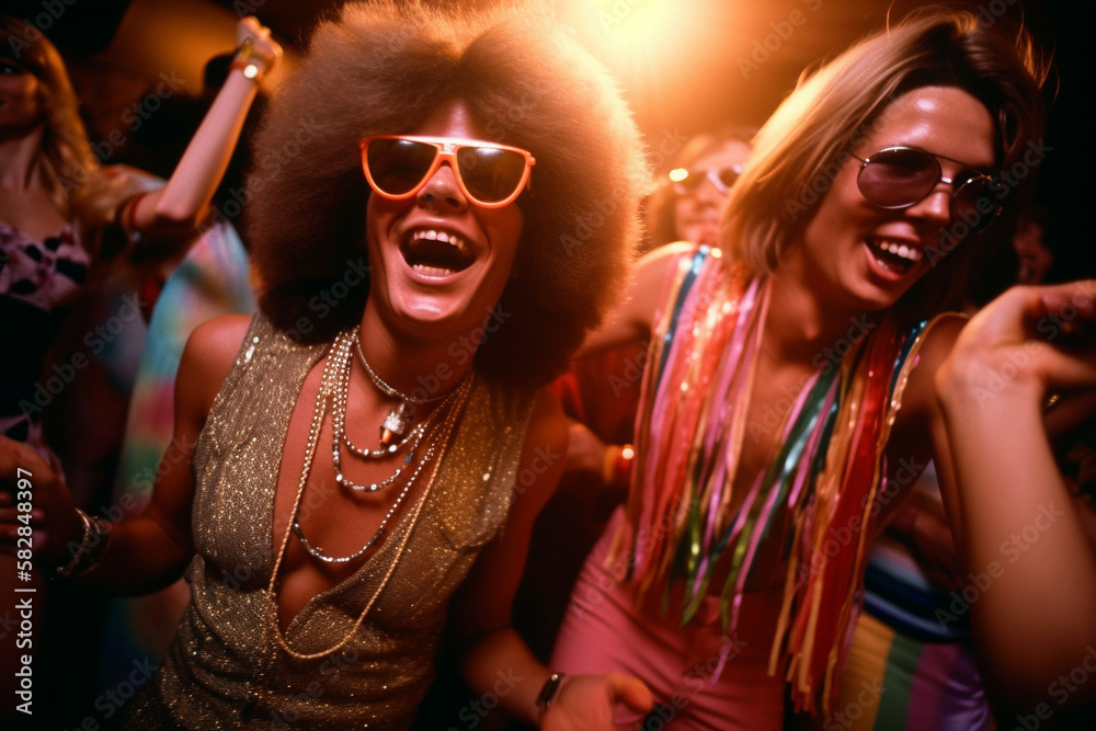 Group of friends having fun at a retro disco club wearing vintage ...