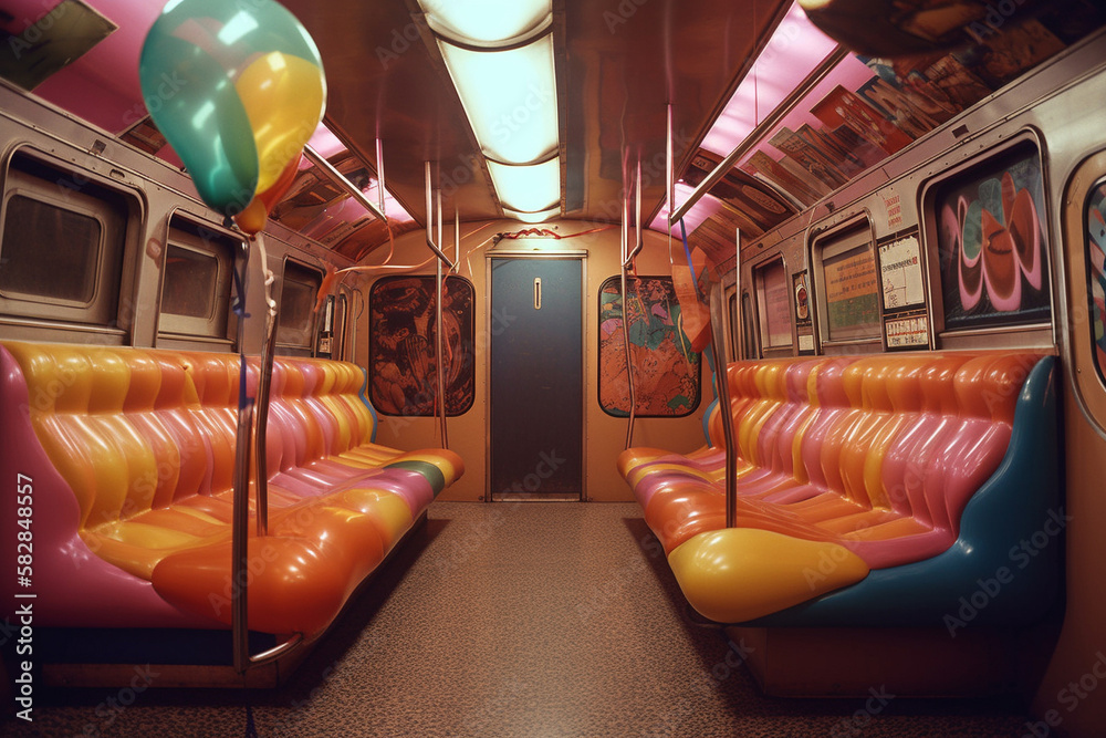 Interior view of a commuter train with comfortable orange seats and ...