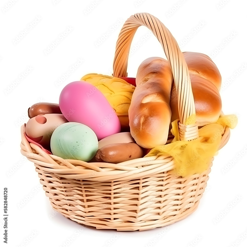 Isolated Easter basket, in the basket lies paska, sausage, ham, Easter ...