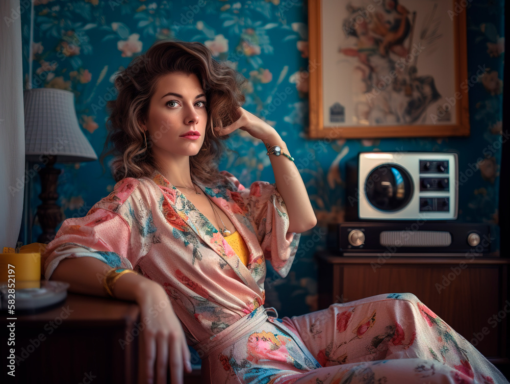 80s Nostalgia-Female Influencer in Retro Living Room with Vintage Radio ...