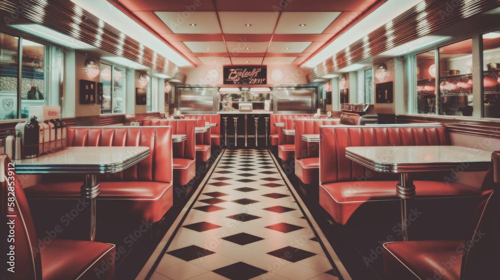 Abstract Retro American diner with a 1950s pin-up style, featuring ...
