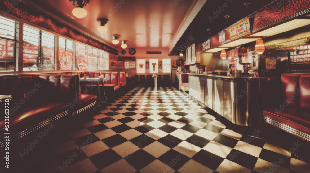 Abstract Retro American diner with a 1950s pin-up style, featuring ...