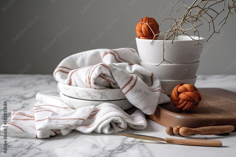 Kitchen textile on a stylish white marble background, a napkin and ...