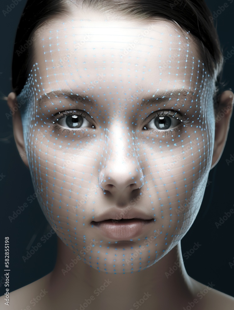 Dot matrix mesh in shape on woman face. Close up face shot. Generative ...