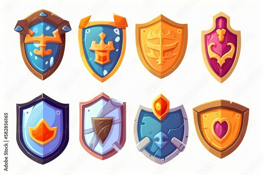 Game shield icon set isolated on white background. Cartoon style ...