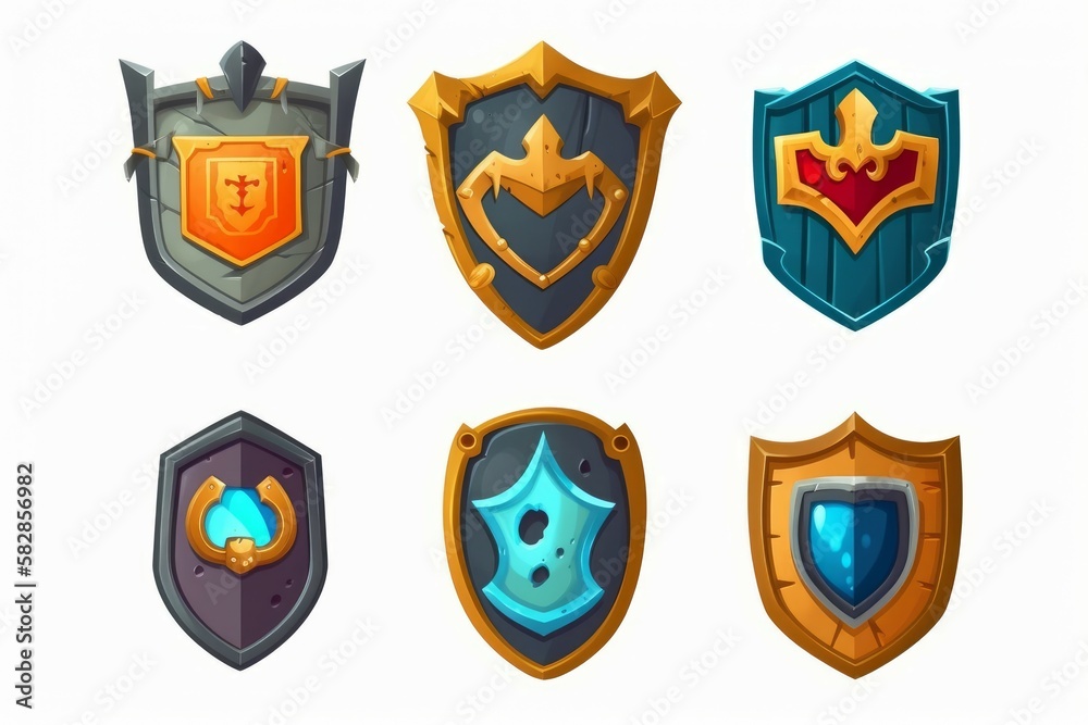 Game new shield icon set in cartoon style isolated on white background ...