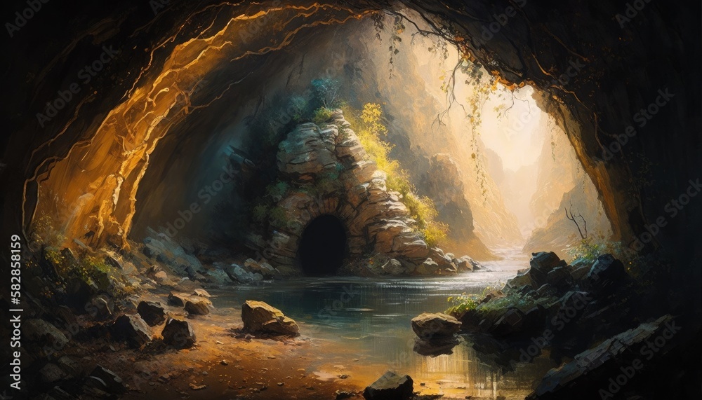 A beautiful mystical underground cavern with blue water and golden ...