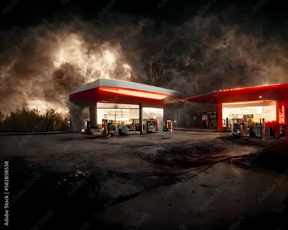 exploding gas station creepy atmospheric render Stock Photo | Adobe Stock