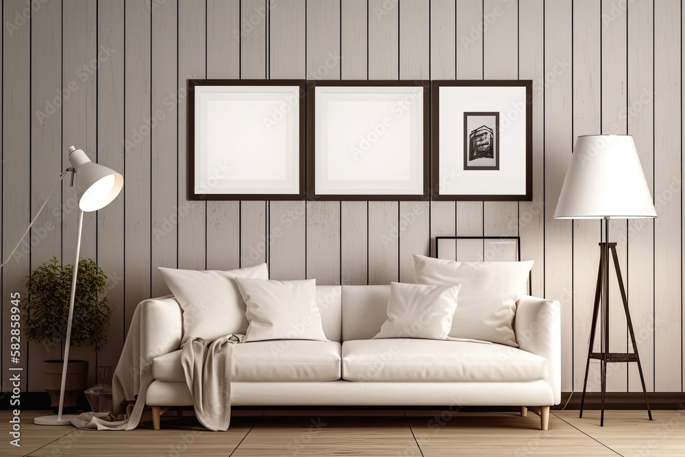 White photo frame hanging next to sofa with wooden wall and floor in ...