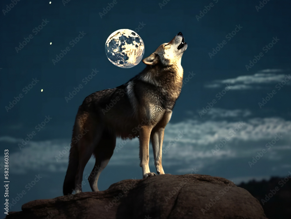 howling wolf silhouette against full moon, dark forest background, mysterious wildlife ...
