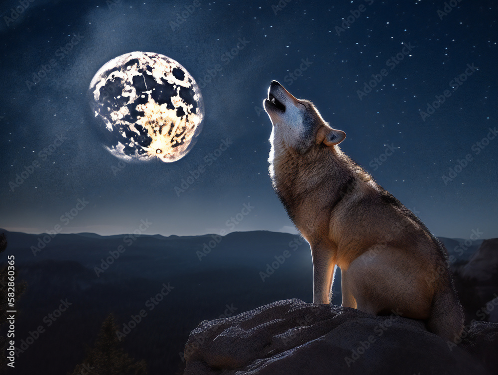 howling wolf silhouette against full moon, dark forest background, mysterious wildlife ...