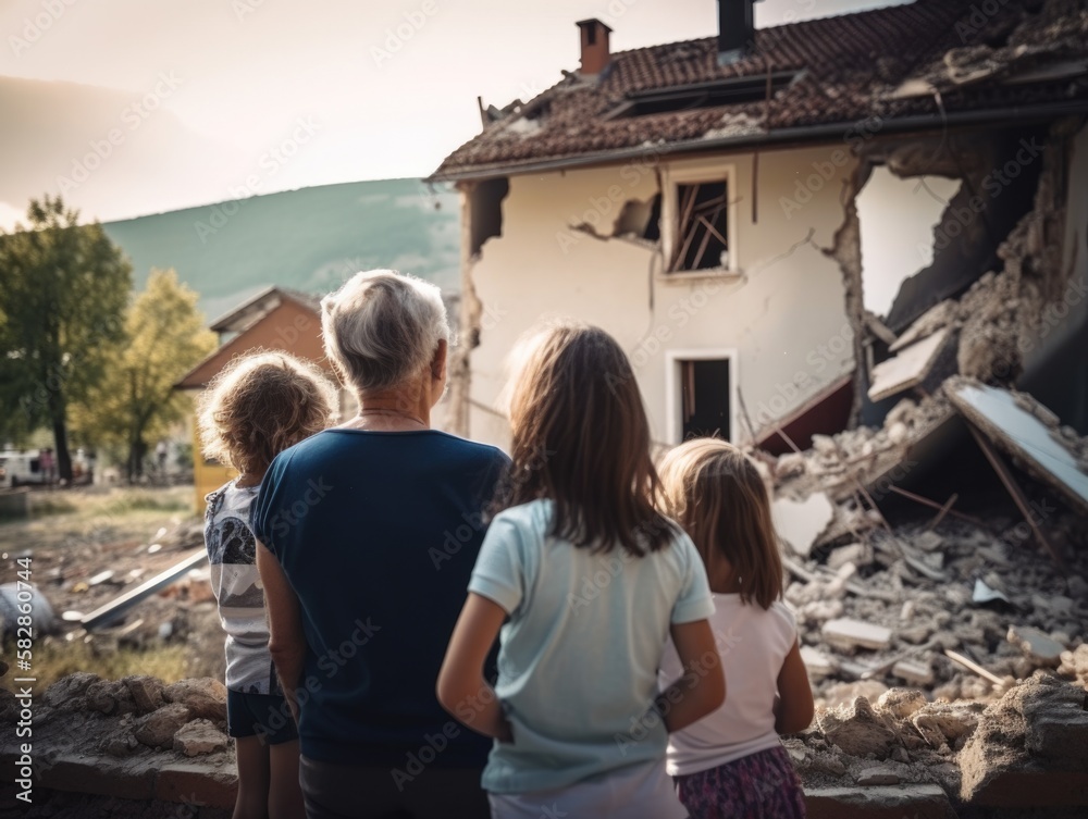 The family is looking at their house destroyed by an earthquake ...
