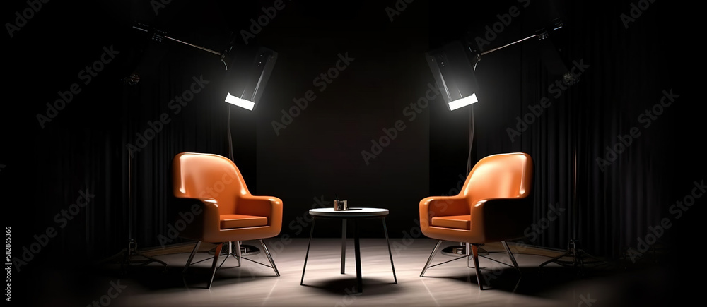 two chairs and spotlights in podcast or interview room on dark ...
